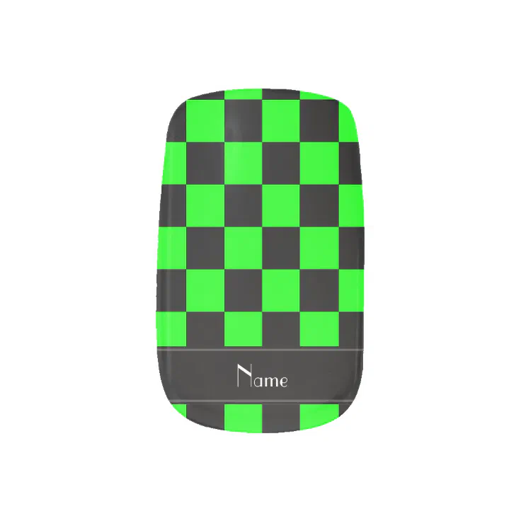 Personalized name black and neon green checkers minx nail wraps | Zazzle