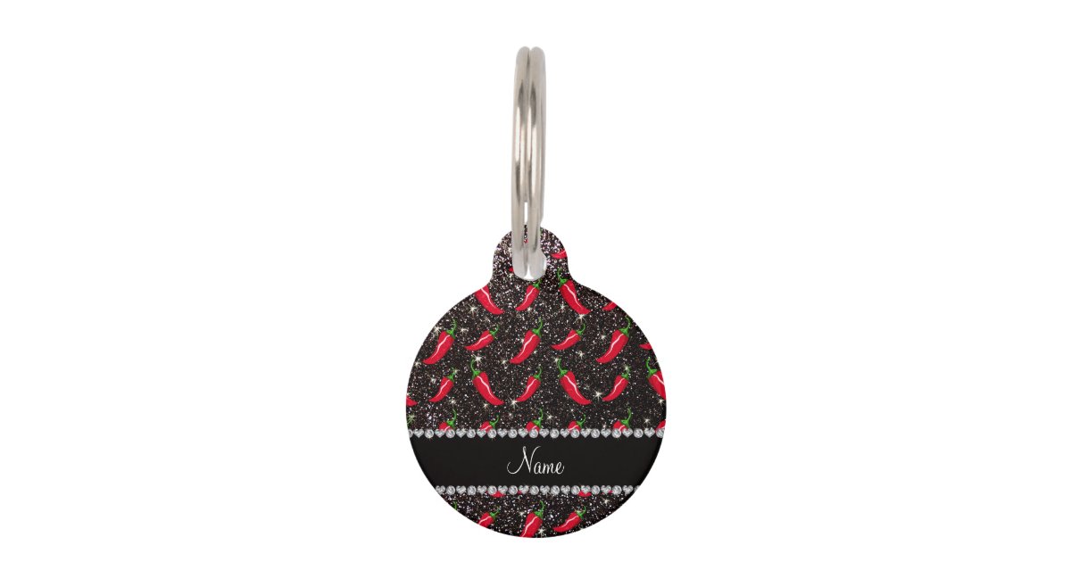 Personalized name black glitter chili pepper pet name tag | Zazzle