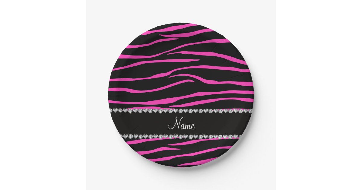 Personalized name black pink zebra stripes paper plates | Zazzle