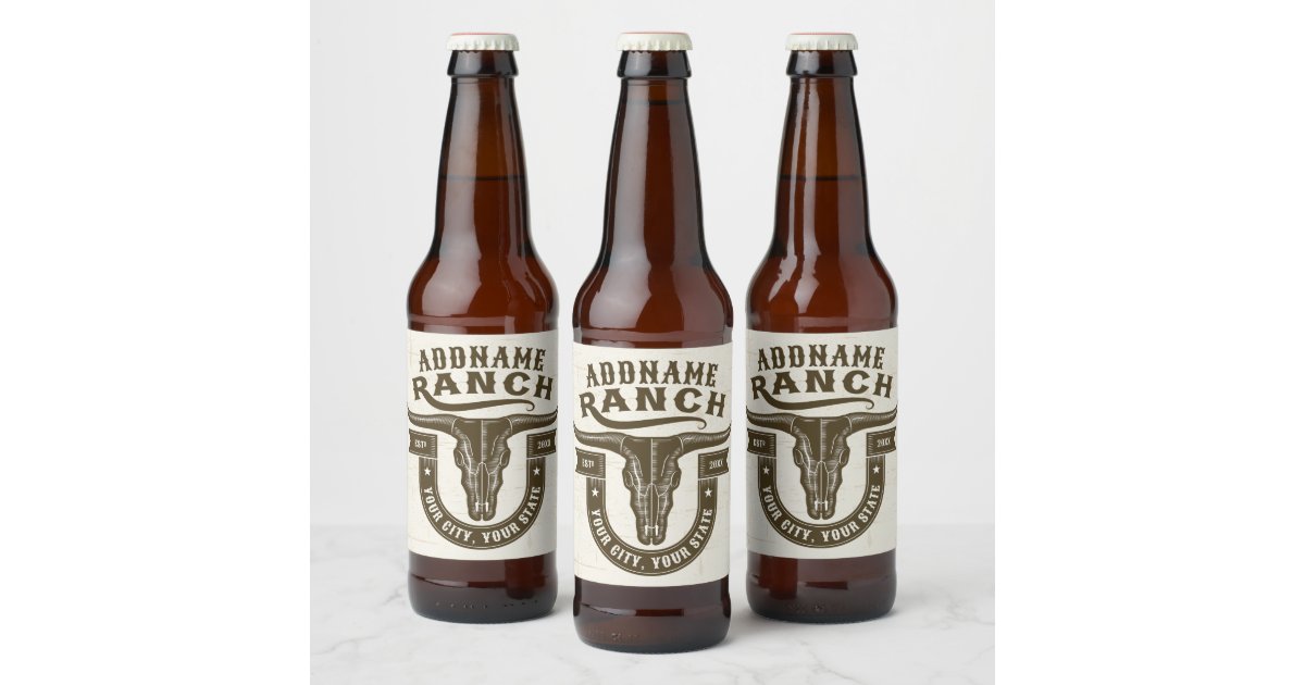 Personalized NAME Bull Steer Skull Western Ranch Beer Bottle Label | Zazzle