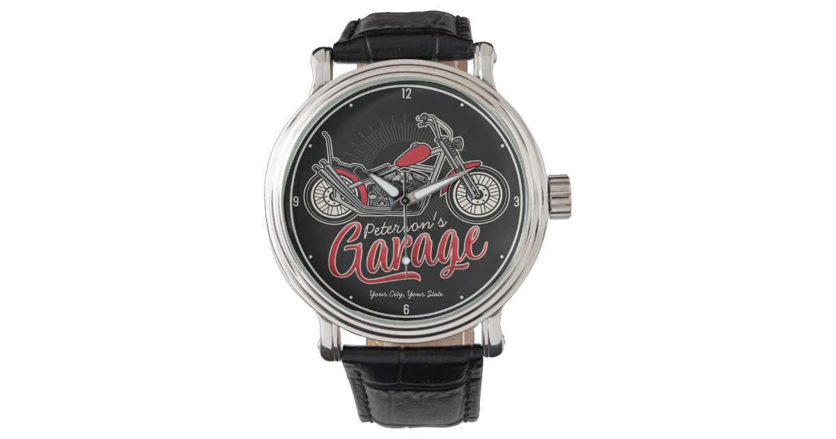 Personalized NAME Classic Biker Motorcycle Garage Watch | Zazzle