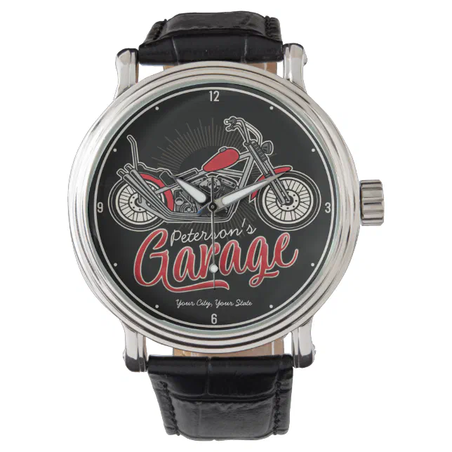 Personalized NAME Classic Biker Motorcycle Garage Watch | Zazzle