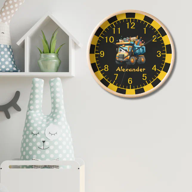 Personalized Name Construction Vehicles Baby Boy Clock | Zazzle