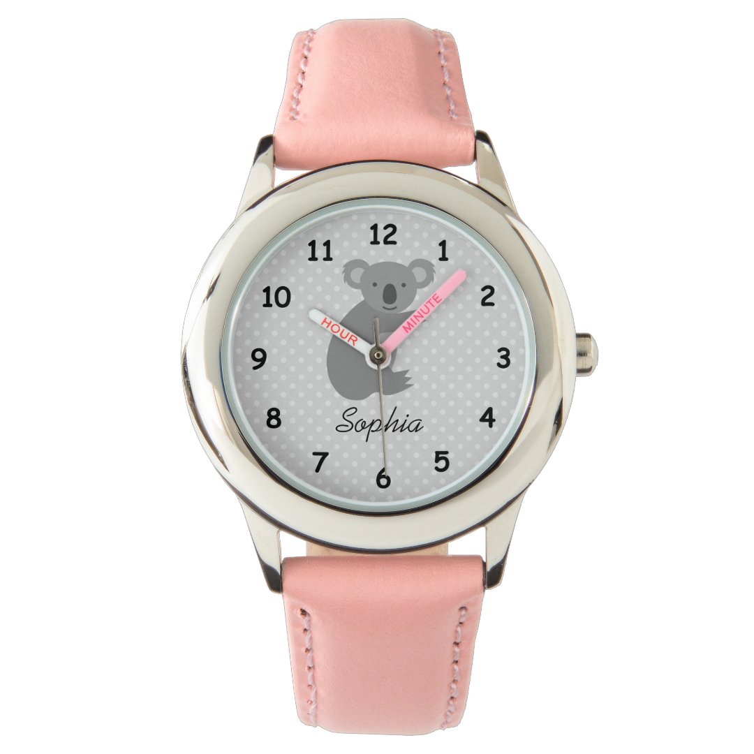Personalized name cute koala bear pink girls watch | Zazzle
