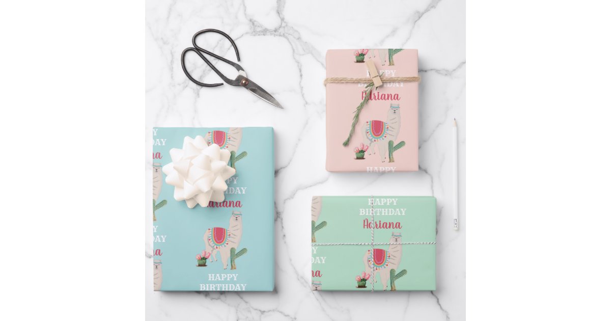 Personalized Name Cute Llama Cactus Birthday Wrapping Paper Sheets | Zazzle