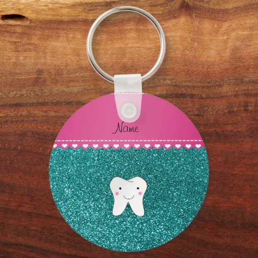 Personalized name cute tooth aqua glitter keychain | Zazzle