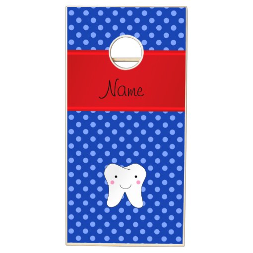 Personalized name cute tooth blue polka dots cornhole set | Zazzle