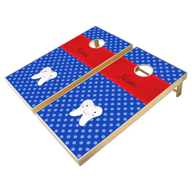 Personalized name cute tooth blue polka dots cornhole set | Zazzle