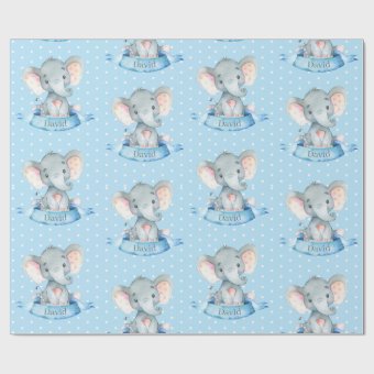 Personalized Name Elephant Baby Boy Blue and Gray Wrapping Paper | Zazzle