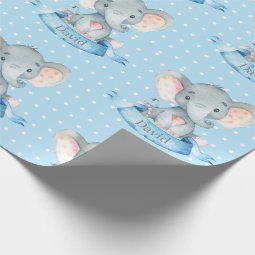 Personalized Name Elephant Baby Boy Blue and Gray Wrapping Paper | Zazzle