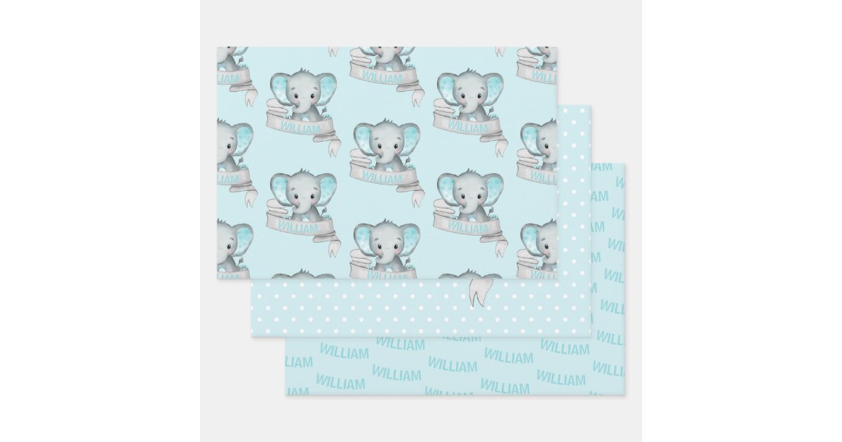 Personalized Name Elephant Baby Boy Blue Gray Wrapping Paper Sheets ...