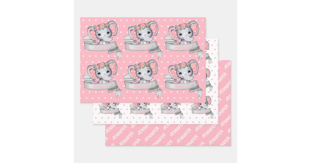 Personalized Name Elephant Baby Girl Pink Pattern Wrapping Paper Sheets ...