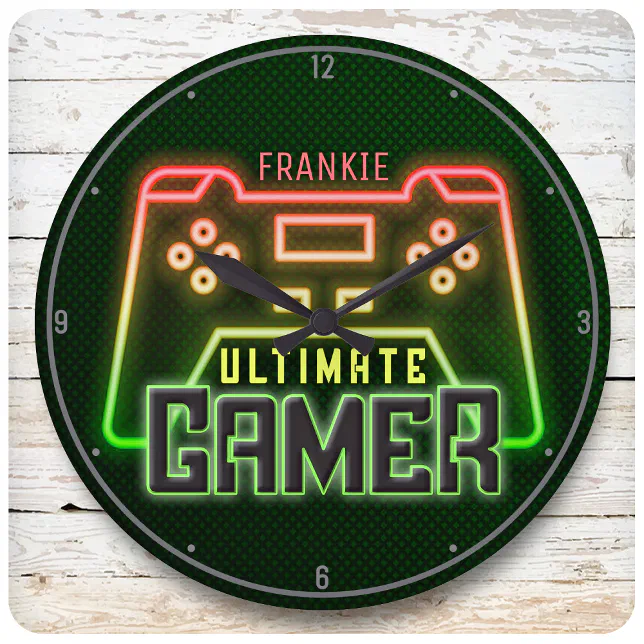 Personalized NAME Gamer Faux Neon Retro Video Game Large Clock | Zazzle