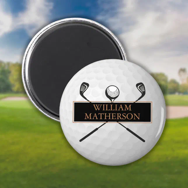 Personalized Name Gold and Black Golf Ball Magnet | Zazzle