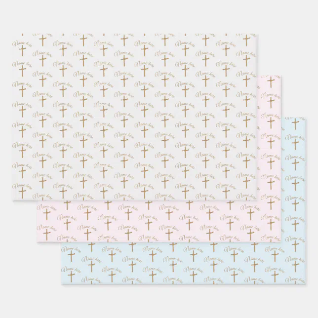 Personalized Name Gold Cross Christening Baptismal Wrapping Paper ...