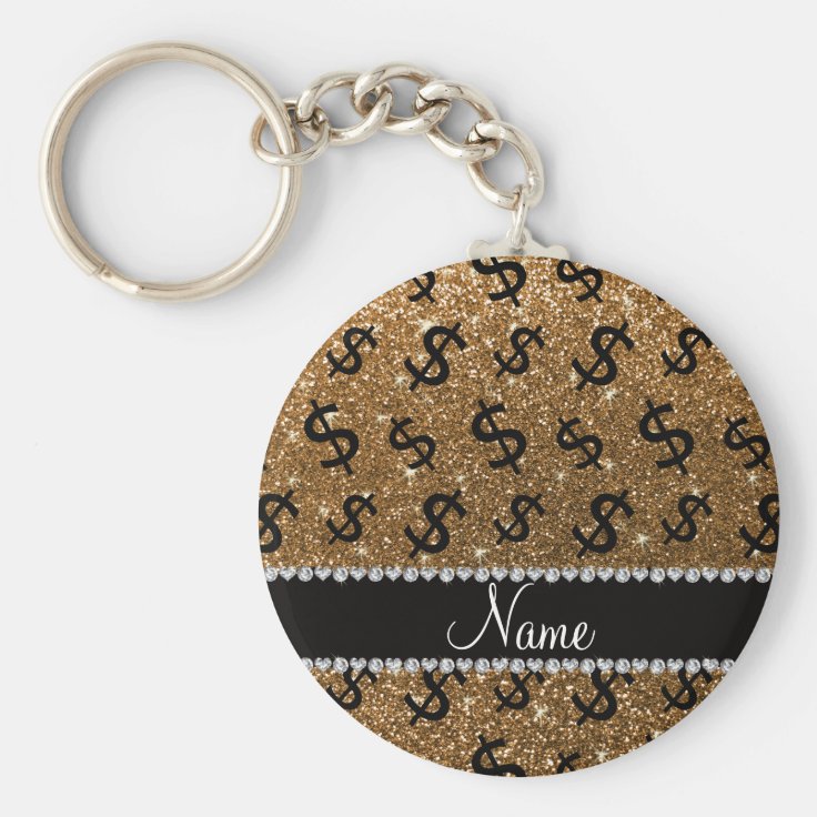 Personalized name gold glitter dollar signs keychain | Zazzle