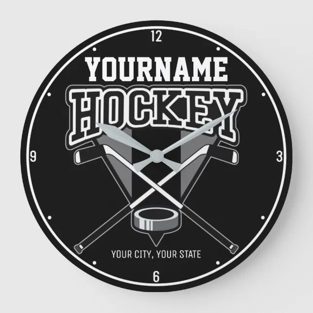 Personalized NAME Hockey Player Stick Puck Team Large Clock | Zazzle