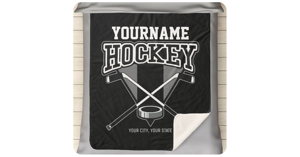Personalized NAME Hockey Player Stick Puck Team Sherpa Blanket | Zazzle