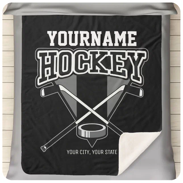 Personalized NAME Hockey Player Stick Puck Team Sherpa Blanket | Zazzle
