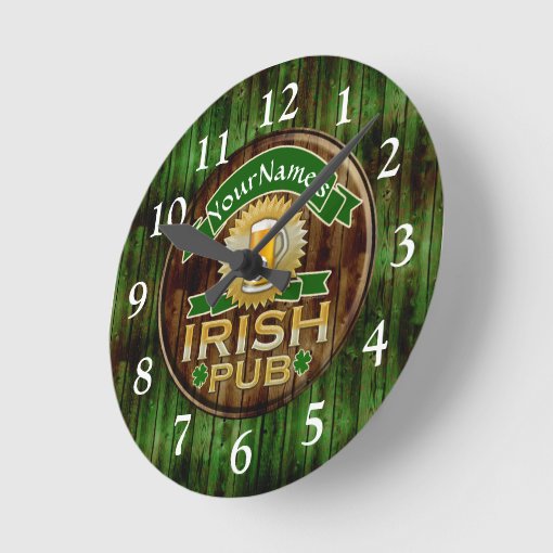 Personalized Name Irish Pub Sign St. Patrick's Day Round Clock | Zazzle