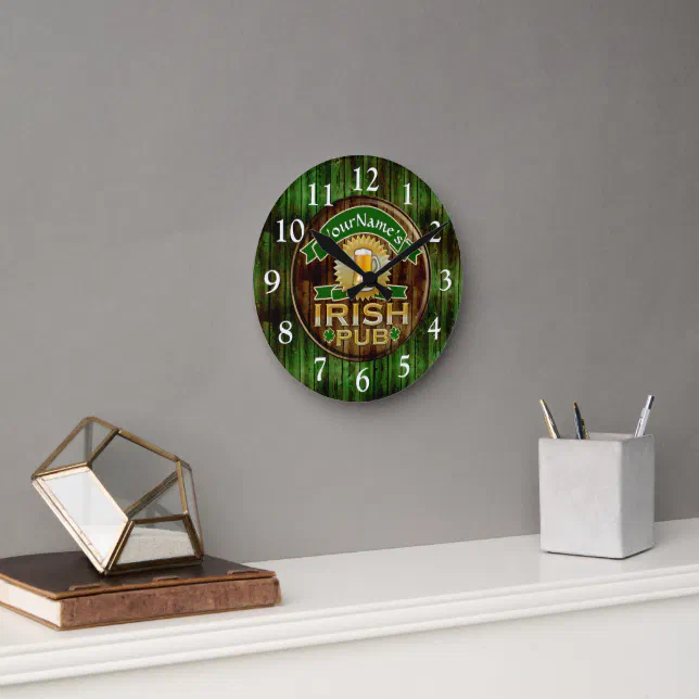 Personalized Name Irish Pub Sign St. Patrick's Day Round Clock | Zazzle