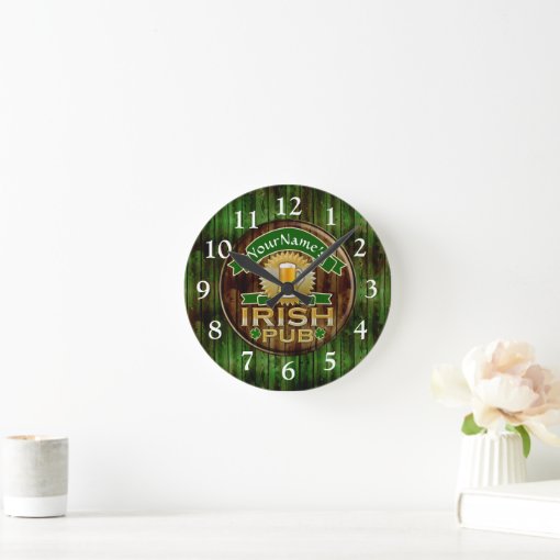 Personalized Name Irish Pub Sign St. Patrick's Day Round Clock | Zazzle