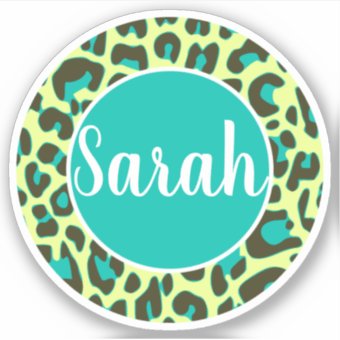 Personalized Name Leopard Animal Print Teal Yellow Sticker | Zazzle