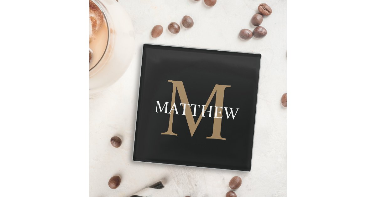 Personalized Name Monogram Black Glass Coaster | Zazzle
