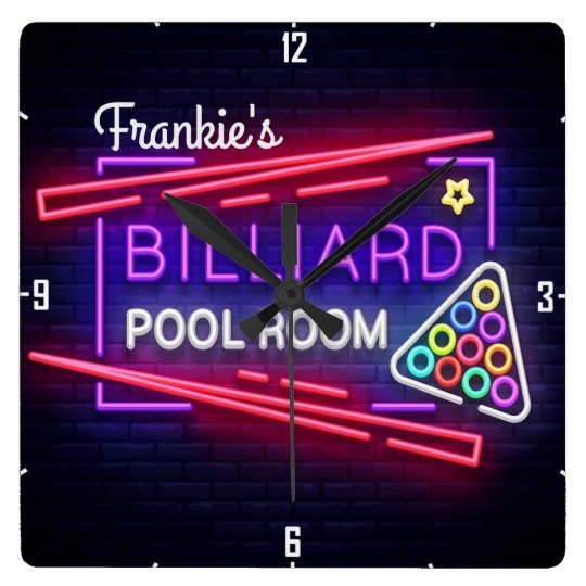 Personalized NAME Neon Style Billiards Pool Table Square Wall Clock ...