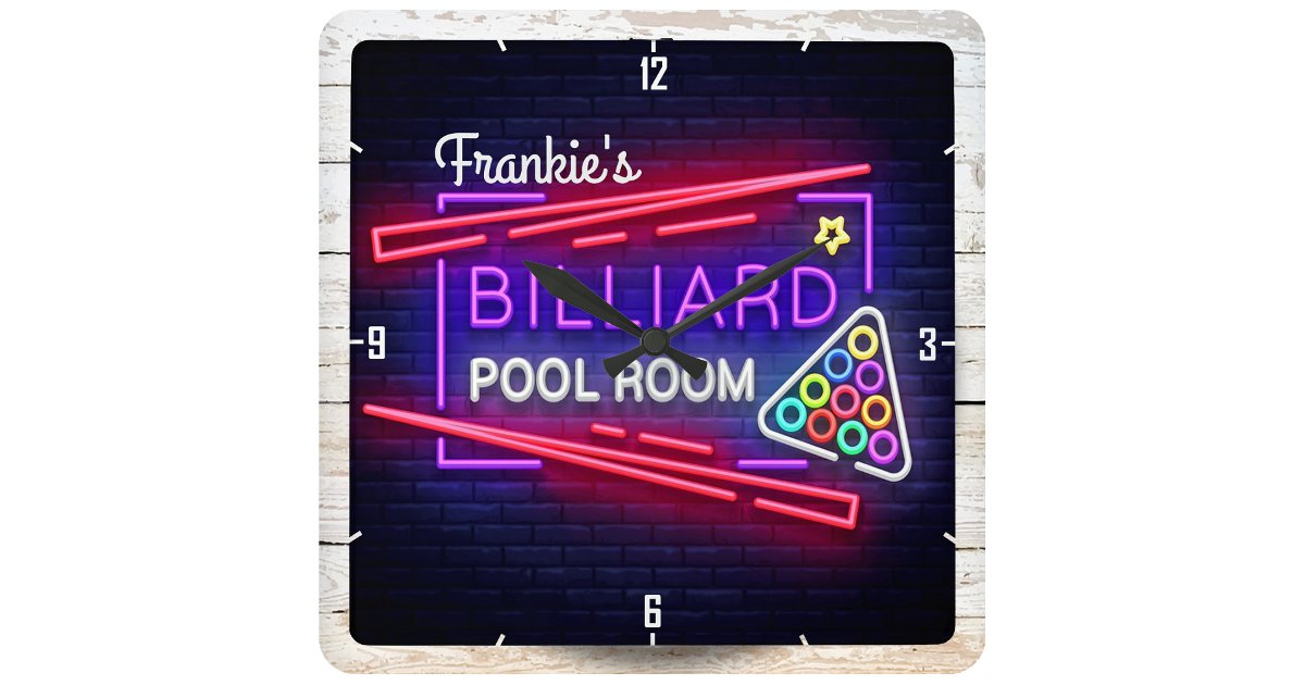 Personalized NAME Neon Style Billiards Pool Table Square Wall Clock ...