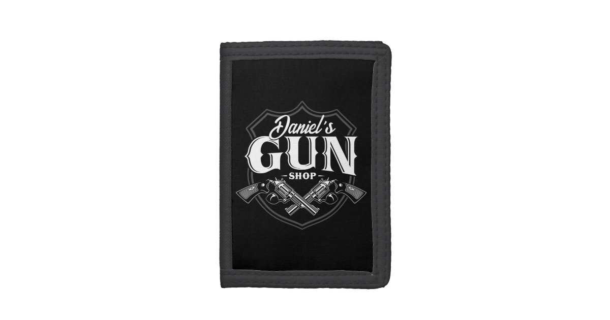 Personalized NAME Old Revolvers Gun Shop Firearms Trifold Wallet | Zazzle