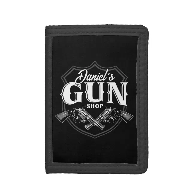 Personalized NAME Old Revolvers Gun Shop Firearms Trifold Wallet | Zazzle