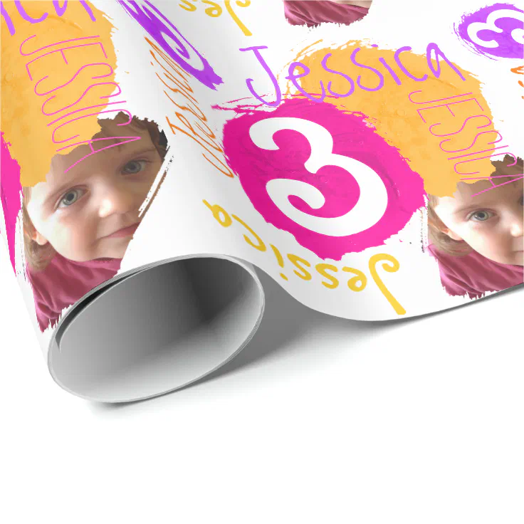 Personalized name photo 3th birthday paint wrap wrapping paper | Zazzle