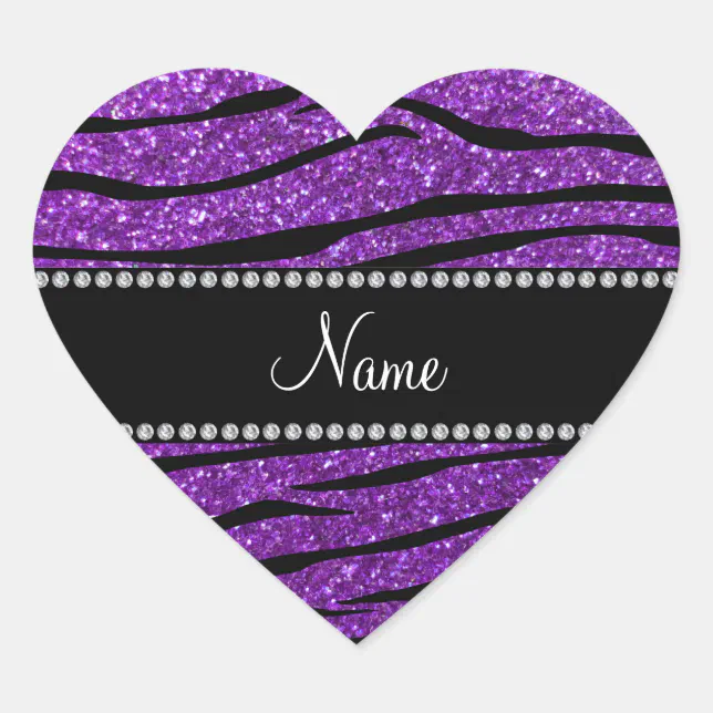 Personalized name purple glitter zebra stripes heart sticker | Zazzle