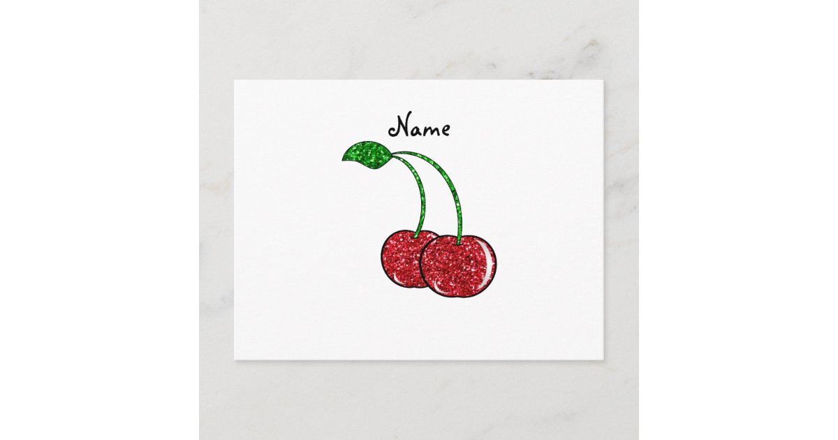 Personalized name red glitter cherry postcard | Zazzle