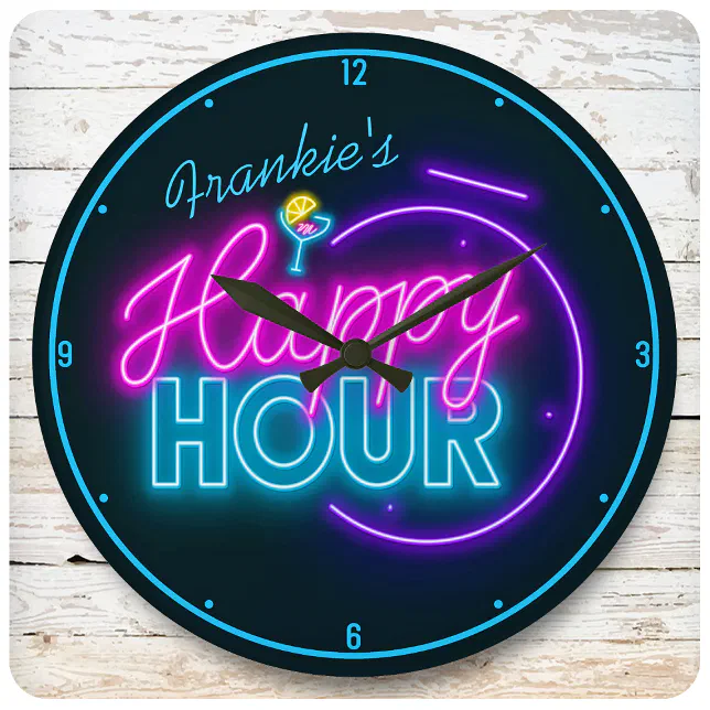 Personalized NAME Retro Faux Neon Happy Hour Bar Round Clock | Zazzle