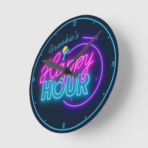 Personalized NAME Retro Faux Neon Happy Hour Bar Round Clock | Zazzle
