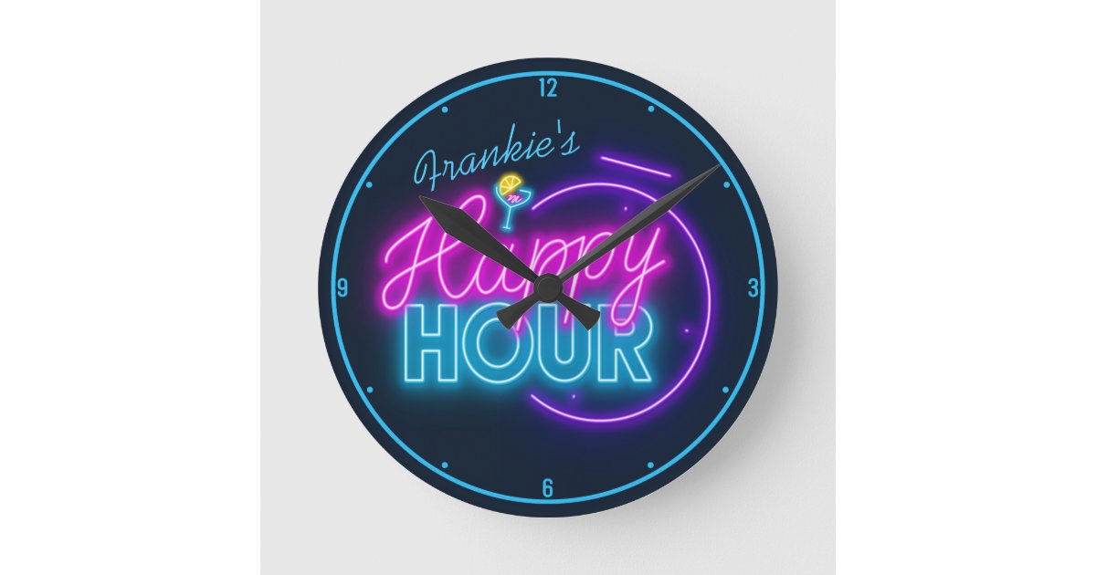 Personalized NAME Retro Faux Neon Happy Hour Bar Round Clock | Zazzle