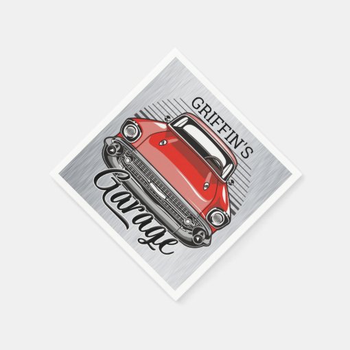 Personalized NAME Retro Red Classic Car Garage Napkins | Zazzle