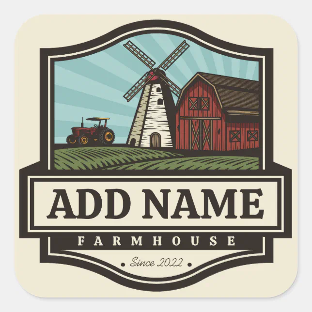 Personalized NAME Rustic Farmhouse Old Windmill Square Sticker | Zazzle