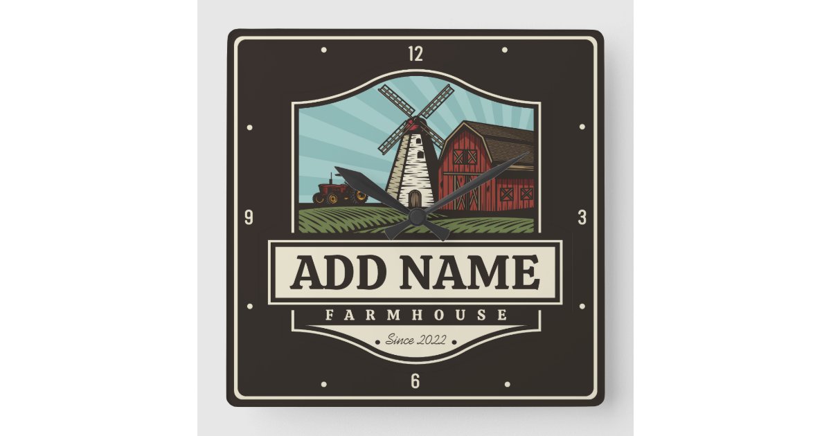 Personalized NAME Rustic Farmhouse Old Windmill Square Wall Clock | Zazzle