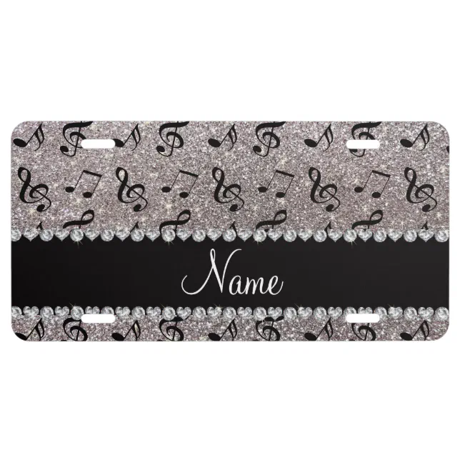Personalized name silver glitter music notes license plate | Zazzle