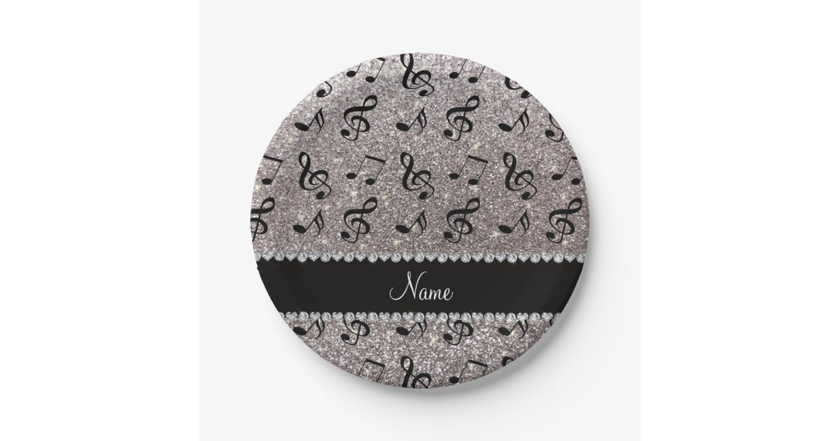 Personalized name silver glitter music notes paper plates | Zazzle