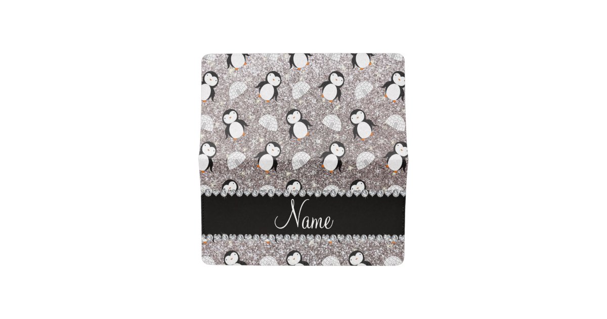 Personalized name silver glitter penguins igloos checkbook cover | Zazzle