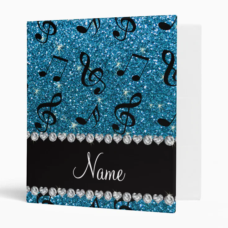 Personalized name sky blue glitter music notes binder | Zazzle