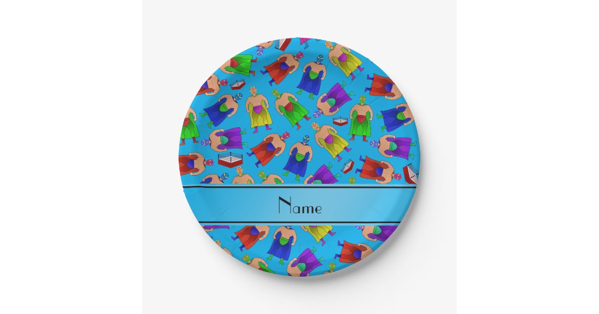 Personalized name sky blue mexican wrestling paper plates | Zazzle