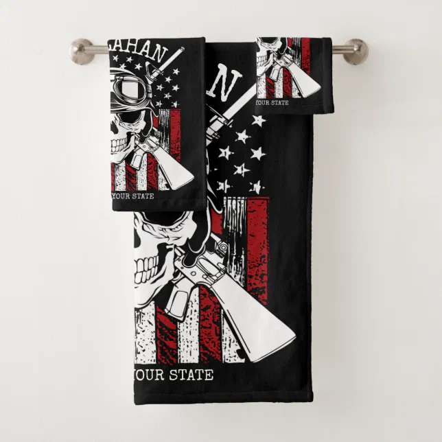 Personalized NAME Soldier Skull Dual Guns USA Flag Bath Towel Set | Zazzle