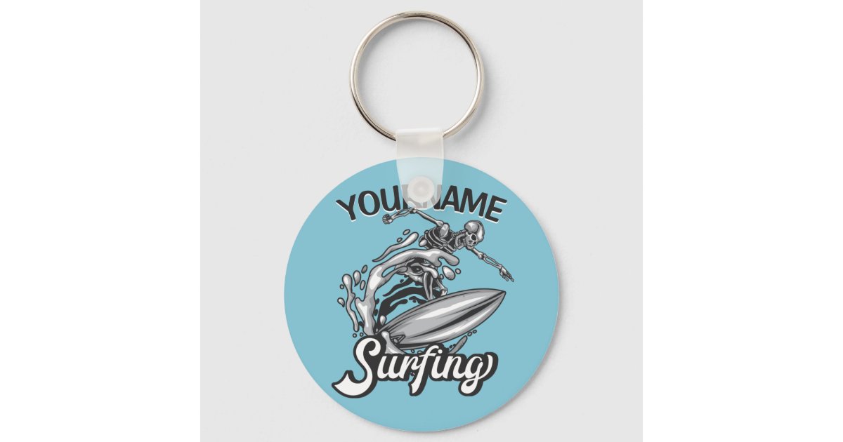 Personalized NAME Surfer Big Wave Skeleton Surfing Keychain | Zazzle