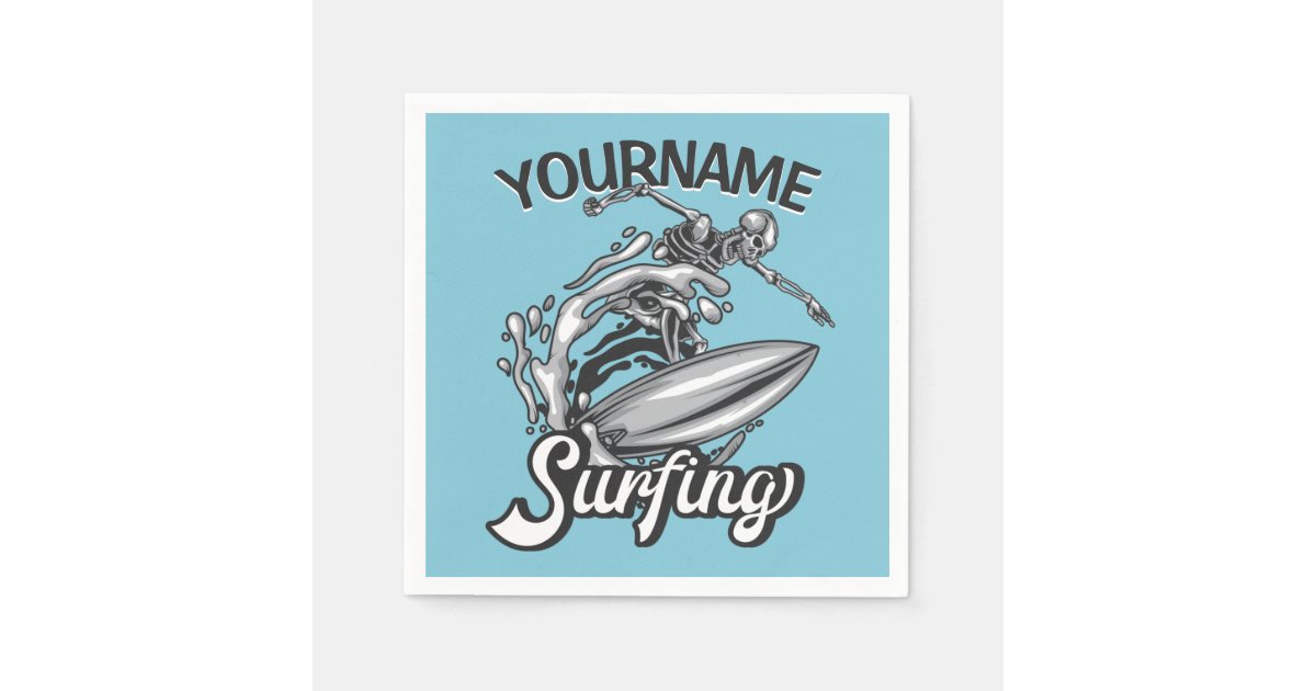 Personalized NAME Surfer Big Wave Skeleton Surfing Napkins | Zazzle