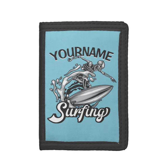 Personalized NAME Surfer Big Wave Skeleton Surfing Trifold Wallet | Zazzle